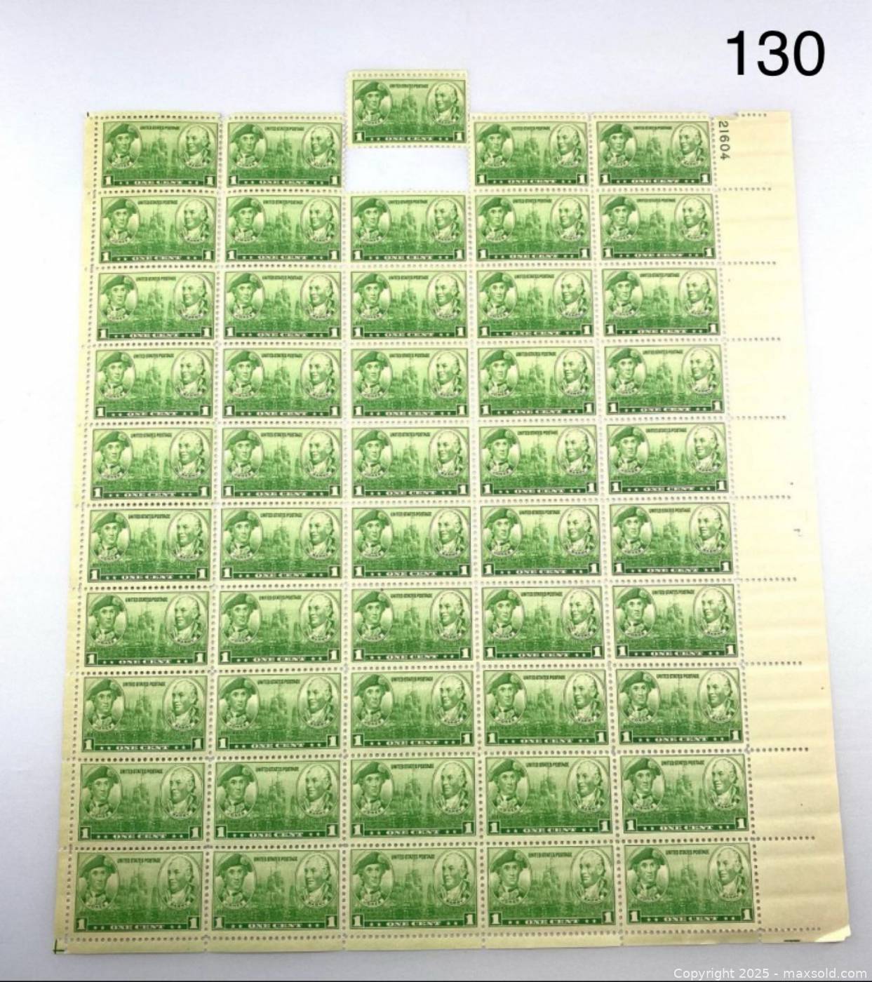 1936-1937 U.S. Army/Navy 1¢ stamp sheet with plate number and loose ...