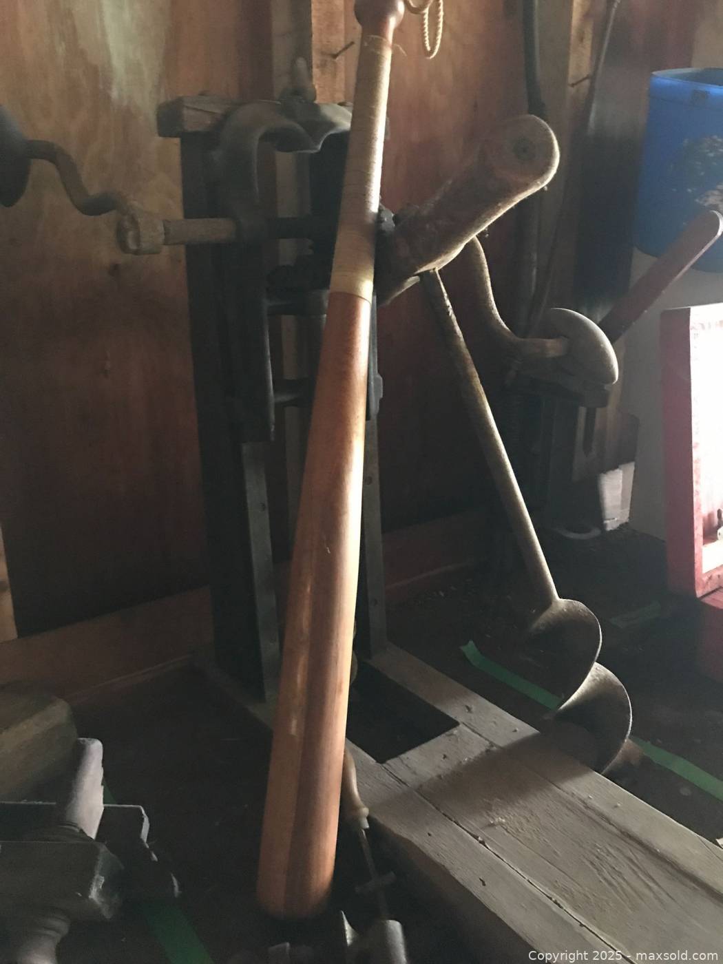 Antique timber frame boring machine with auger bits | Maxsold