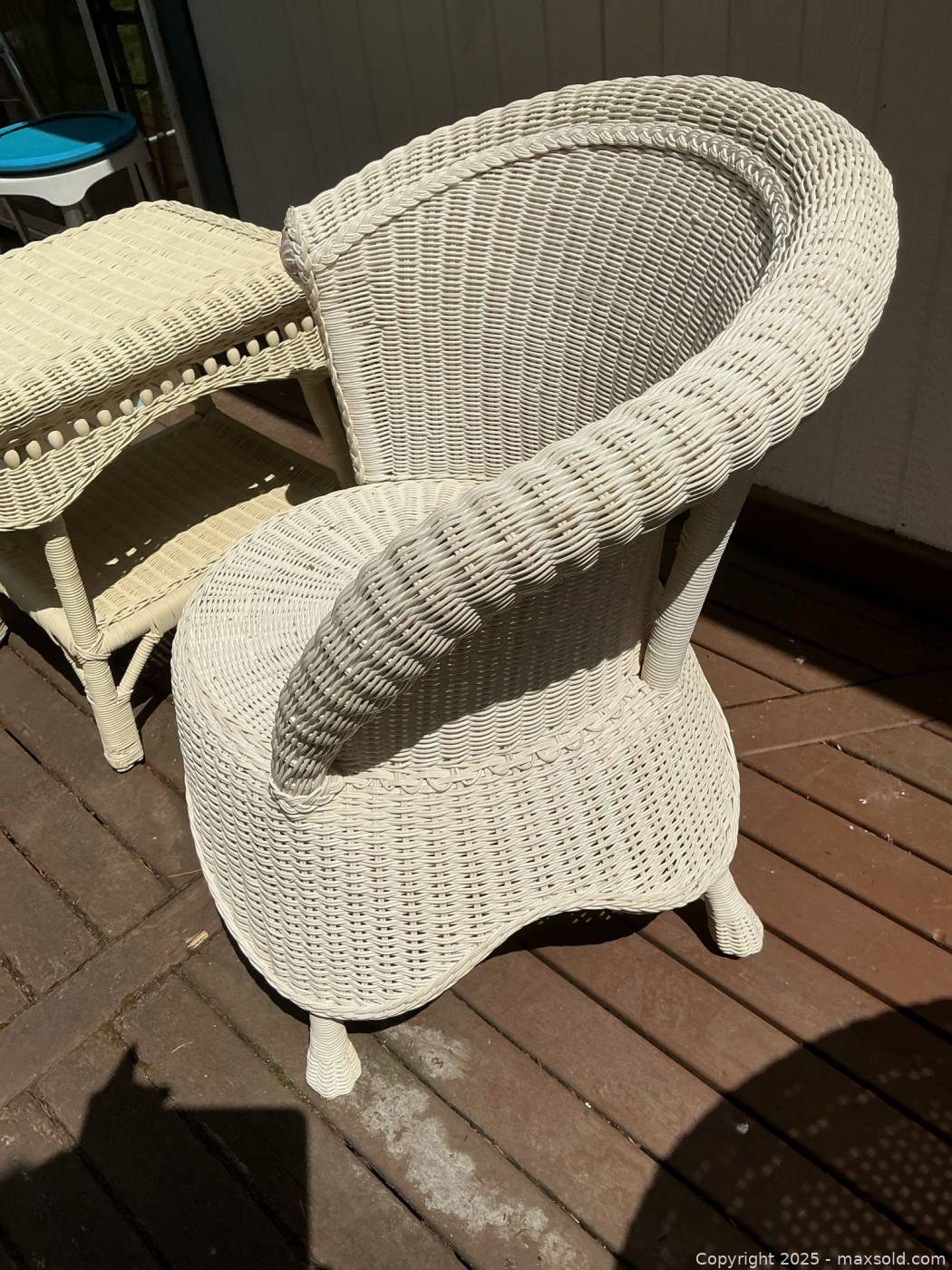 Cream wicker barrel chair and side table | Maxsold