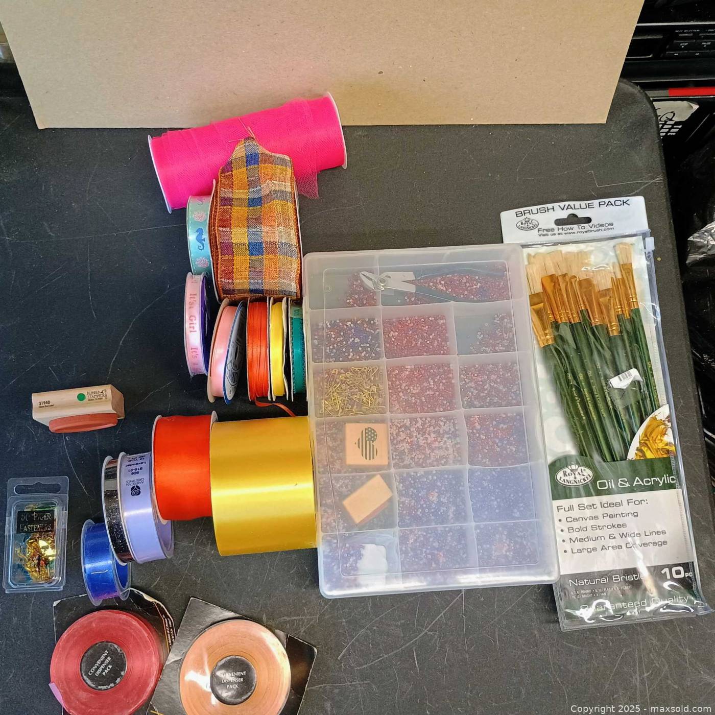 Craft supplies lot with ribbons, beads, brushes | Maxsold