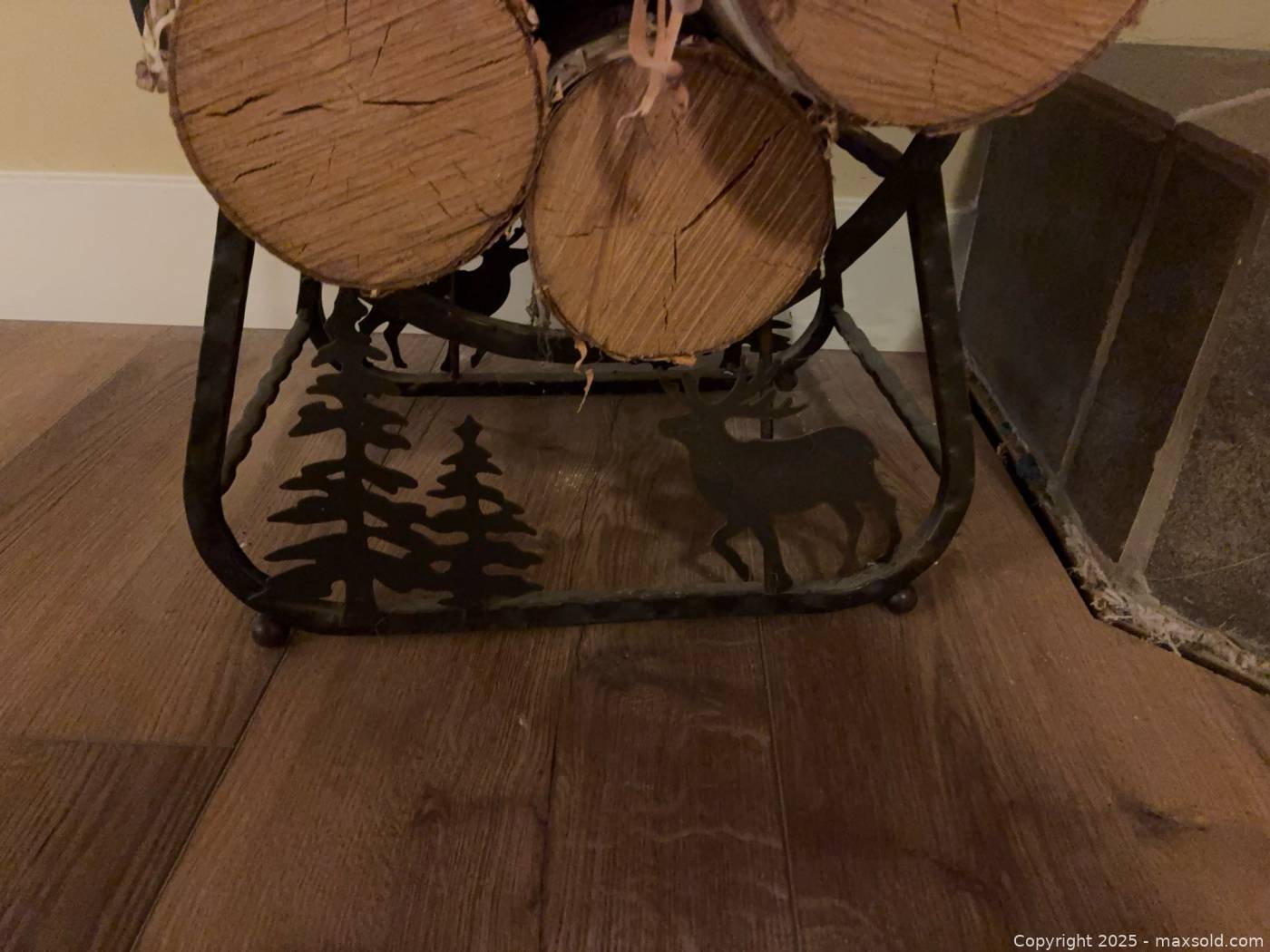 Freestanding rustic metal fireplace log holder rack | Maxsold