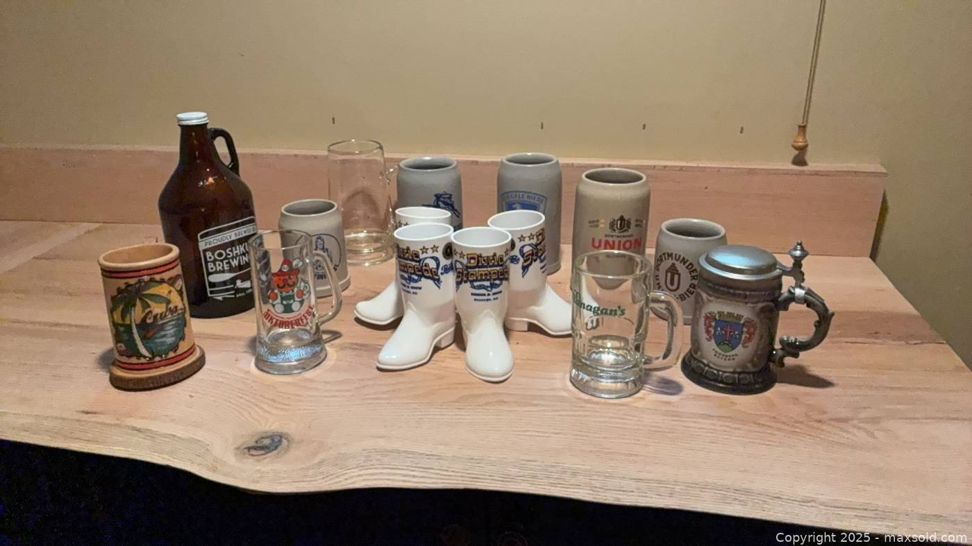 Beer steins, mugs, novelty boot cups, glass growler | Maxsold