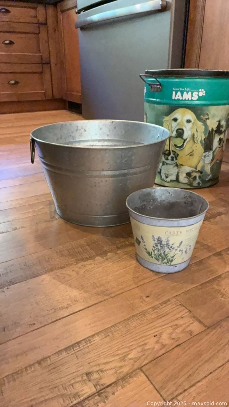 Mixed metal containers: galvanized tub, 3 pails, floral planter ...