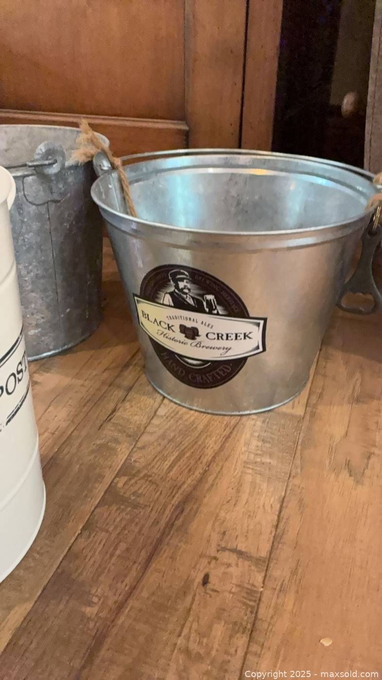 Mixed metal containers: galvanized tub, 3 pails, floral planter ...