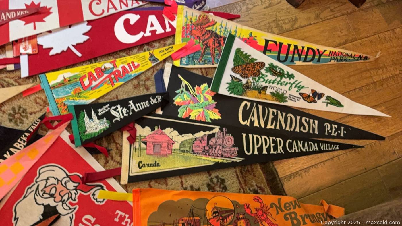 Vintage felt travel and souvenir pennants, approx 50 | Maxsold