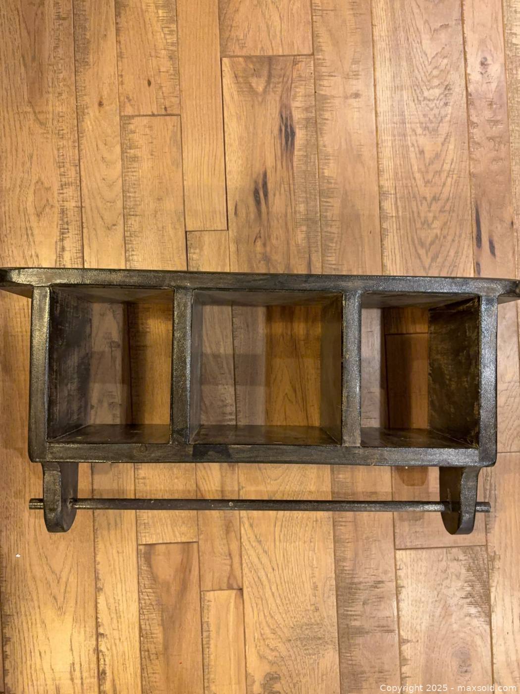 Rustic Wood Wall Shelf With Towel Bar And Framed Canoe Print | Maxsold