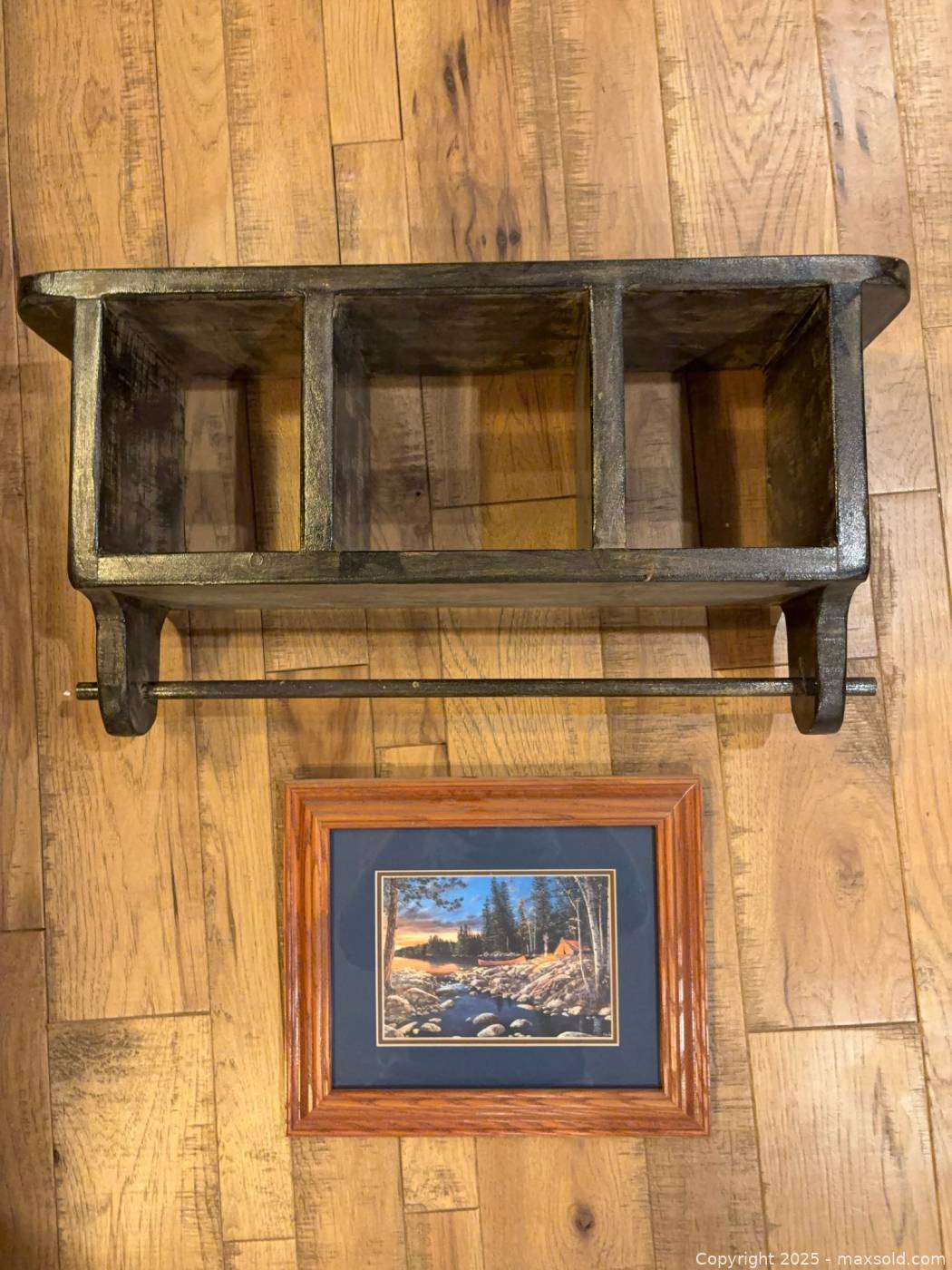 Rustic Wood Wall Shelf With Towel Bar And Framed Canoe Print | Maxsold