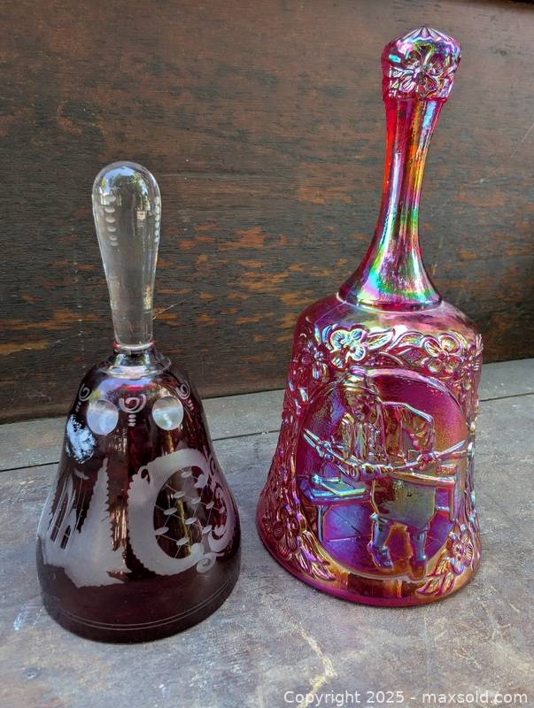 Pair of Old Etched and Red Carnival Glass Bells | Maxsold