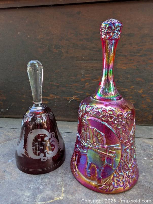 Pair of Old Etched and Red Carnival Glass Bells | Maxsold
