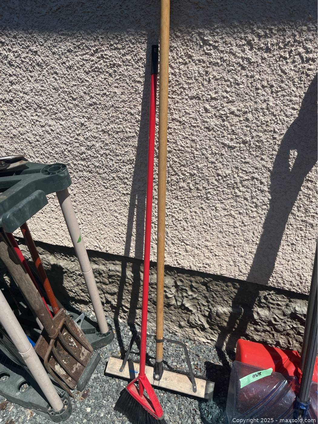 Used Garden Tools Including Shovels, Rakes, Push Broom, and Snow Shovel ...