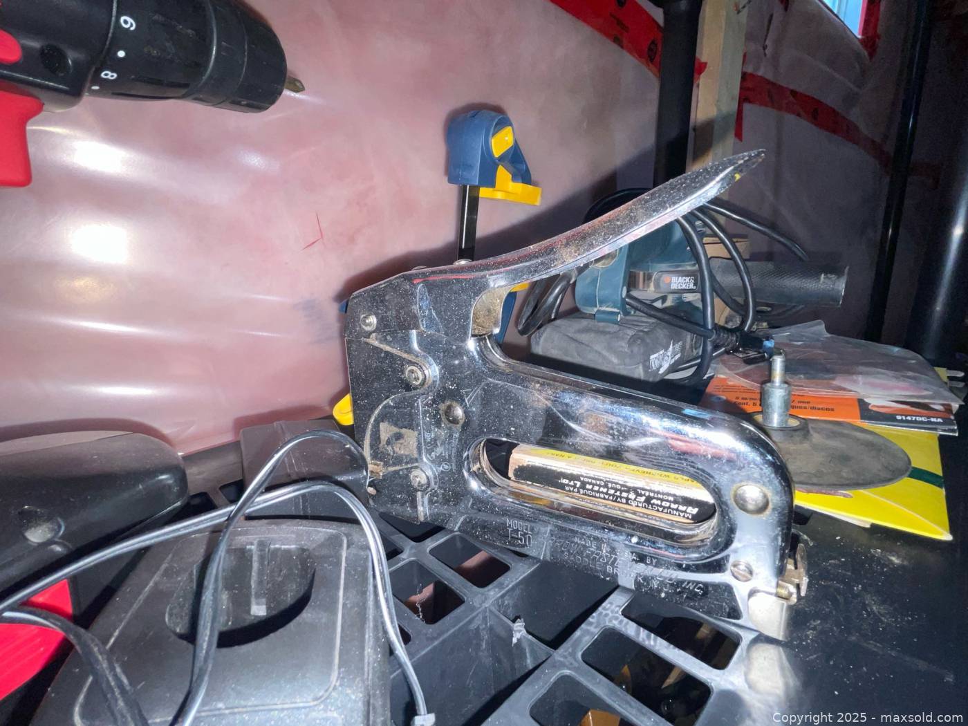 Jobmate cordless drill, staple gun, clamp, Black & Decker sander with ...