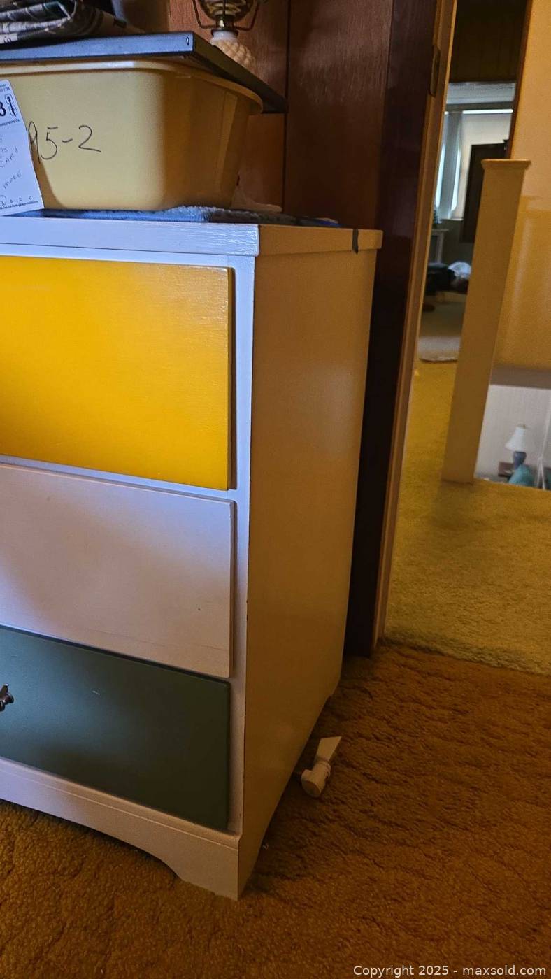 Three Drawer Dresser with Multicolor Drawers | Maxsold
