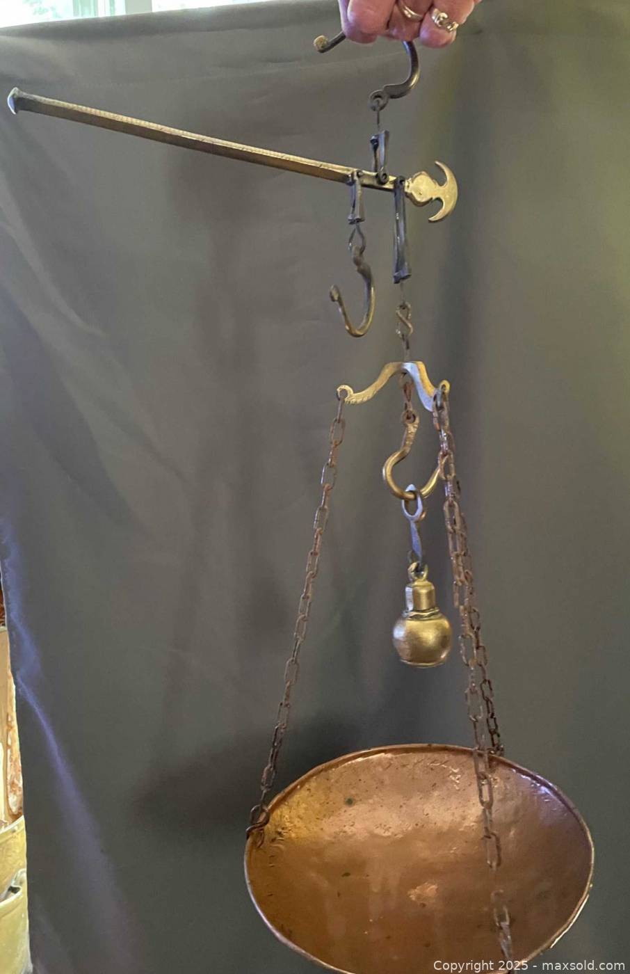 Antique copper and brass hanging balance scale | Maxsold