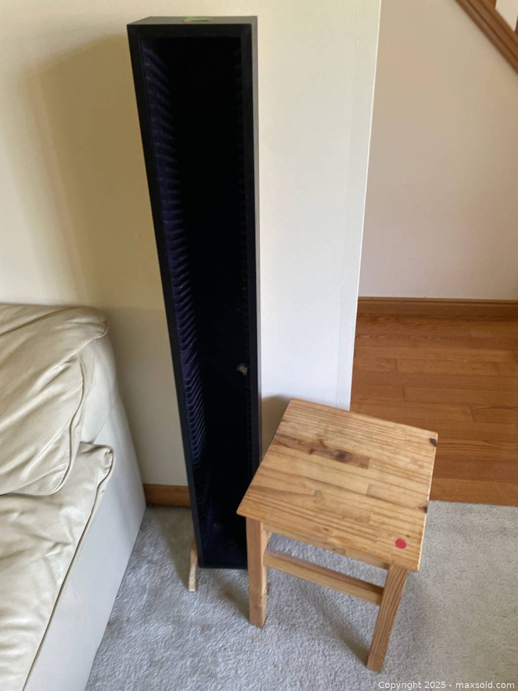 Wooden Stool and Tall Media Storage Rack in Light and Dark Wood | Maxsold