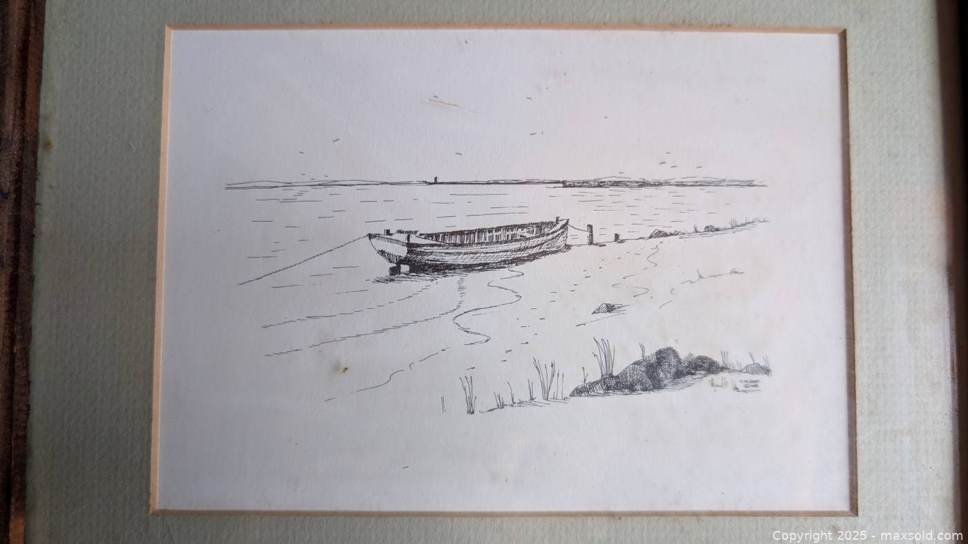 Framed pen-and-ink drawing Boat on Shore | Maxsold
