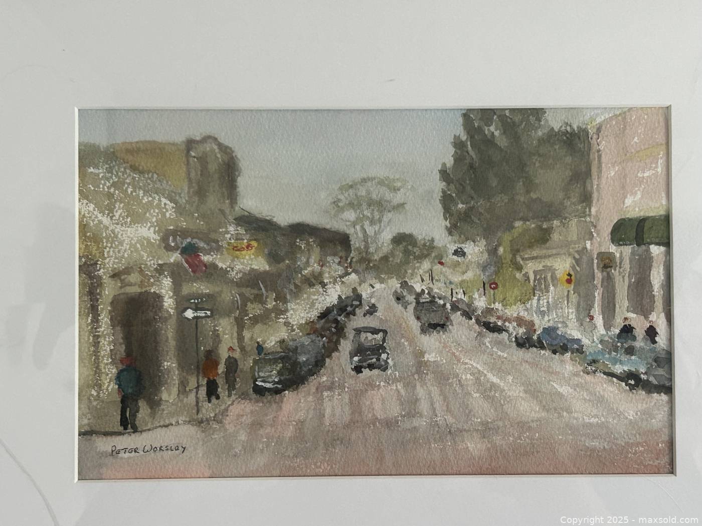 Framed watercolor "Main Street, Cambria" by Peter Worsley 2001 | Maxsold