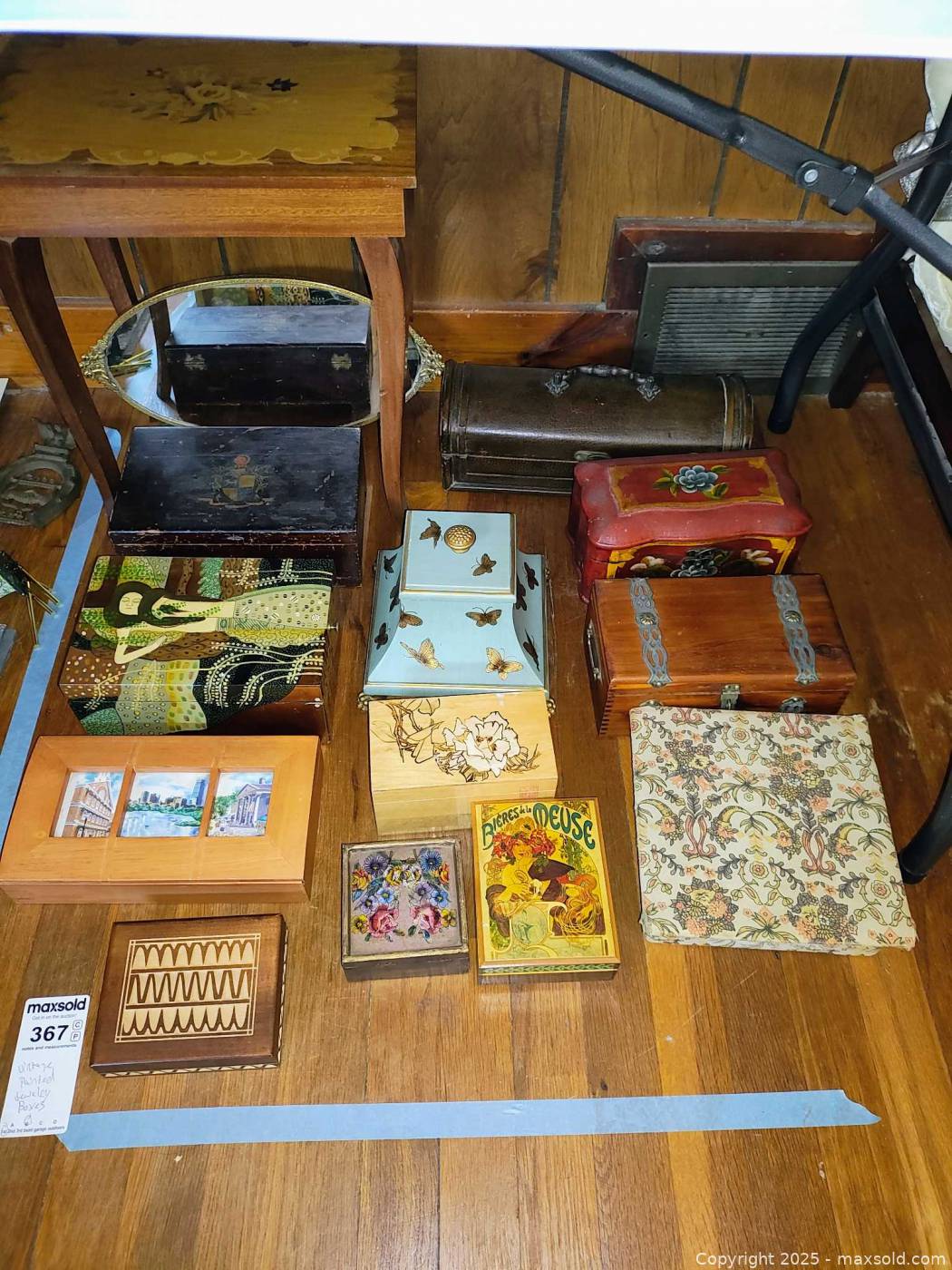 Assorted decorative wooden boxes with side table | Maxsold