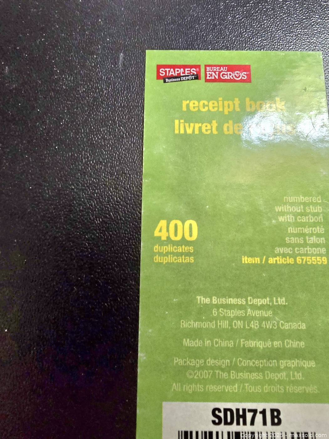 Staples Receipt Book 400 Duplicate Sheets | Maxsold