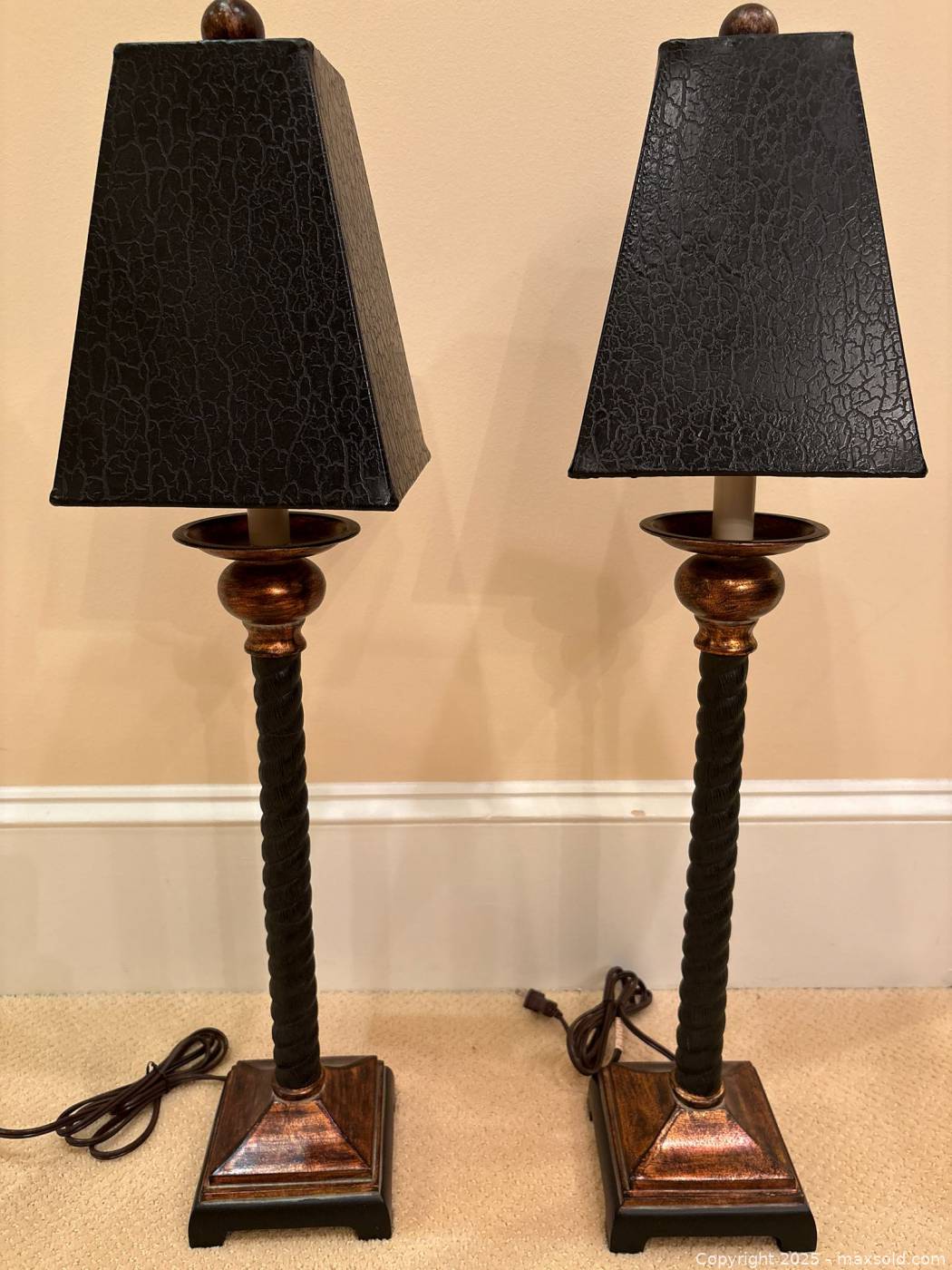 Pair of 32" wood-look table lamps with pyramid shades | Maxsold