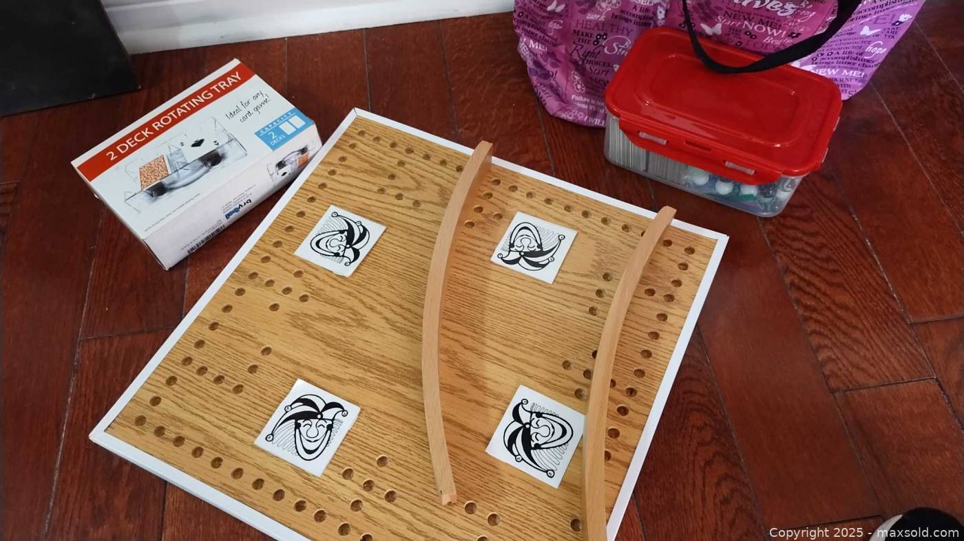 Wooden peg board game, boxed 2-deck card tray | Maxsold