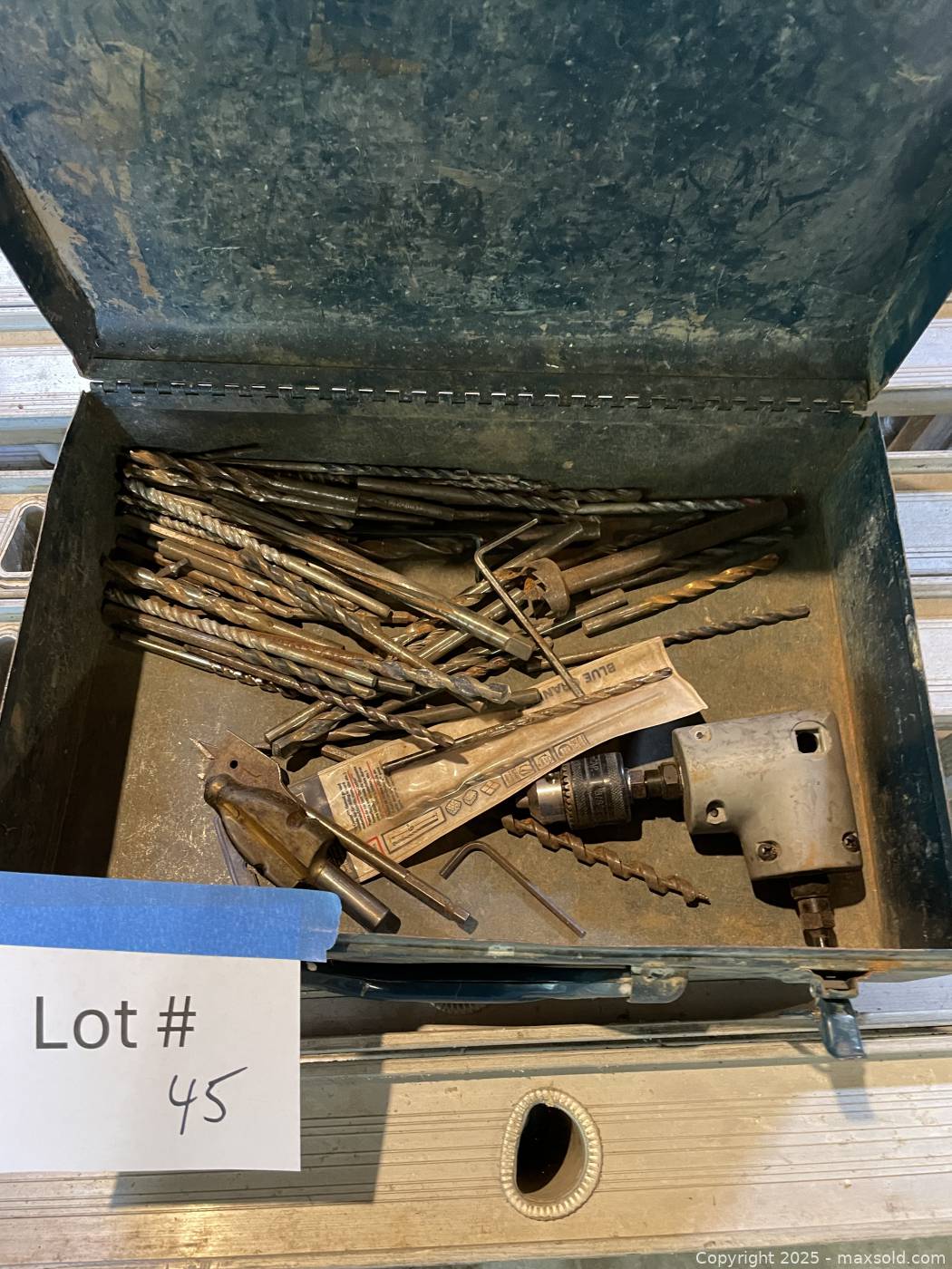 Metal box with assorted drill bits, right-angle drill chuck | Maxsold