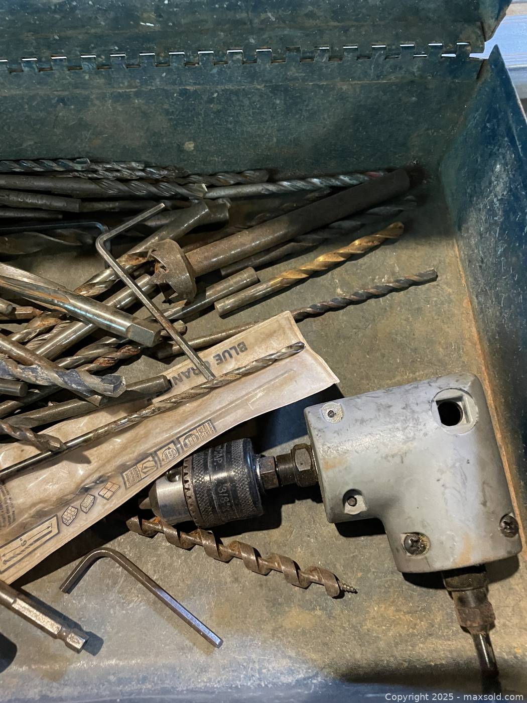 Metal box with assorted drill bits, right-angle drill chuck | Maxsold