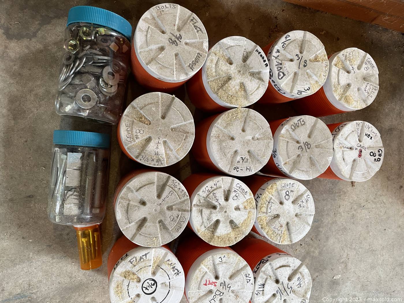 Assorted bolts, nuts, washers in labeled containers | Maxsold