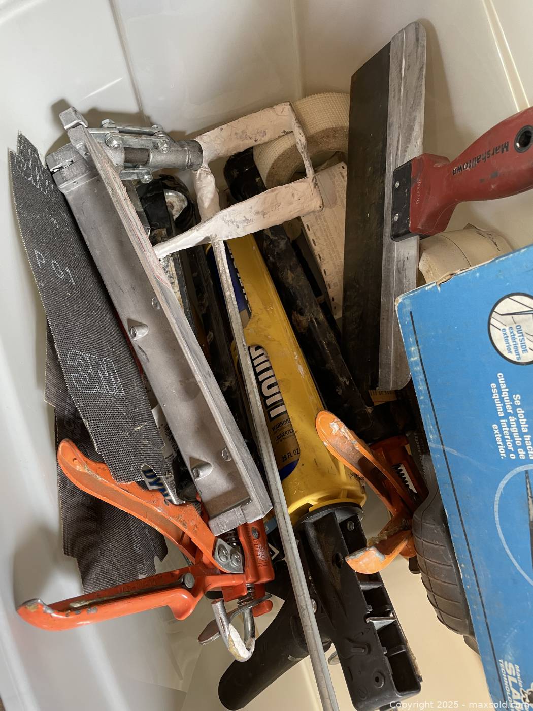 Drywall taping tools, clamps, Ultraflex duct box | Maxsold