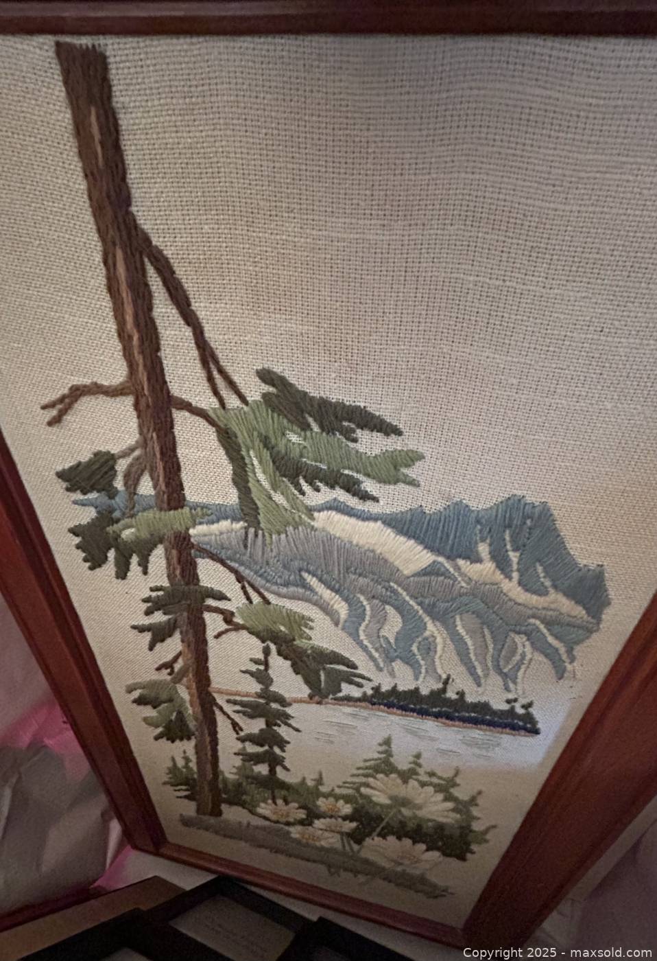 Framed nature landscape needlepoint embroidery 16" x 32" | Maxsold