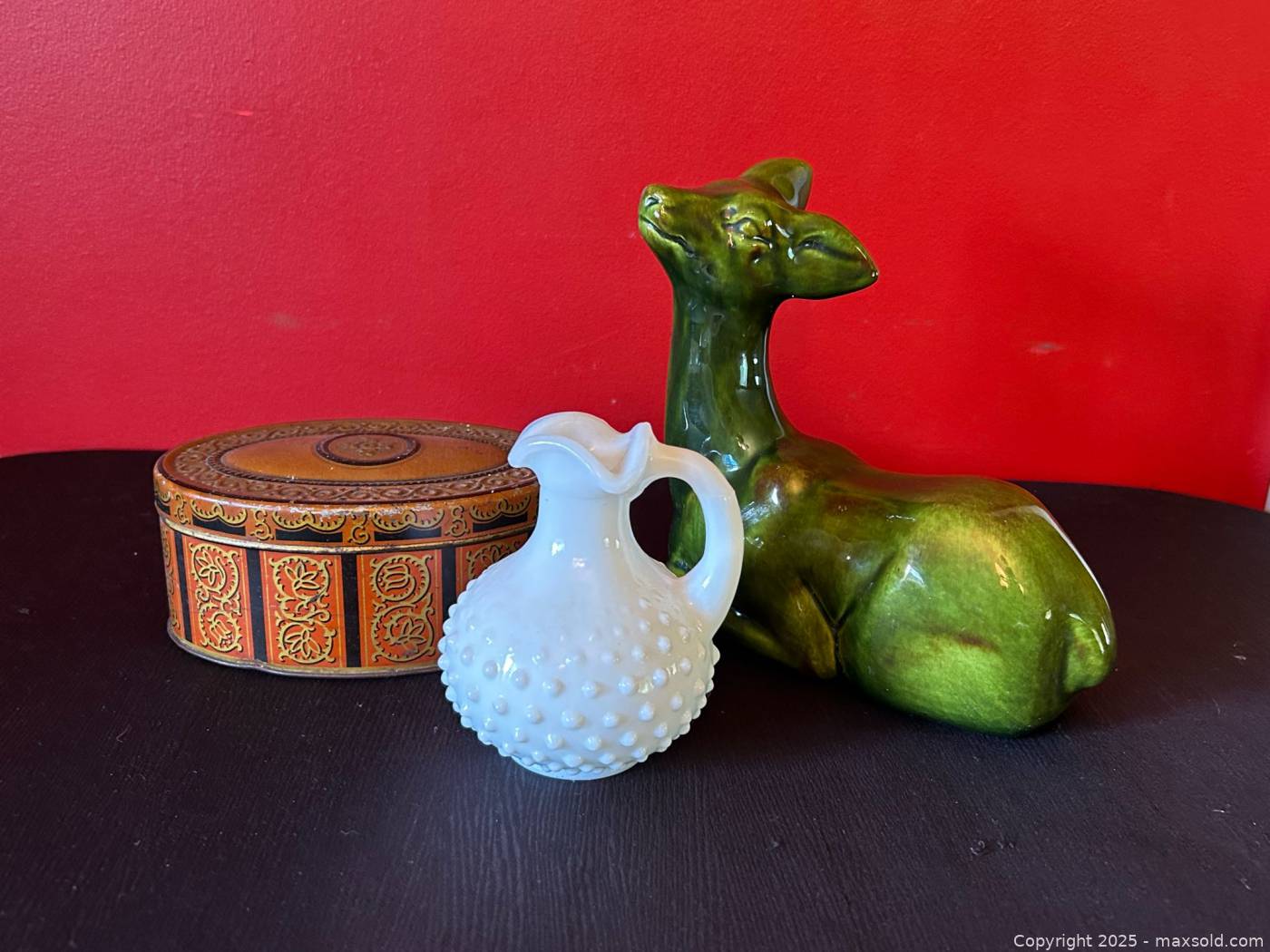 Vintage Biscuit Tin, Avon Hobnail Bottle, Green Ceramic Deer | Maxsold