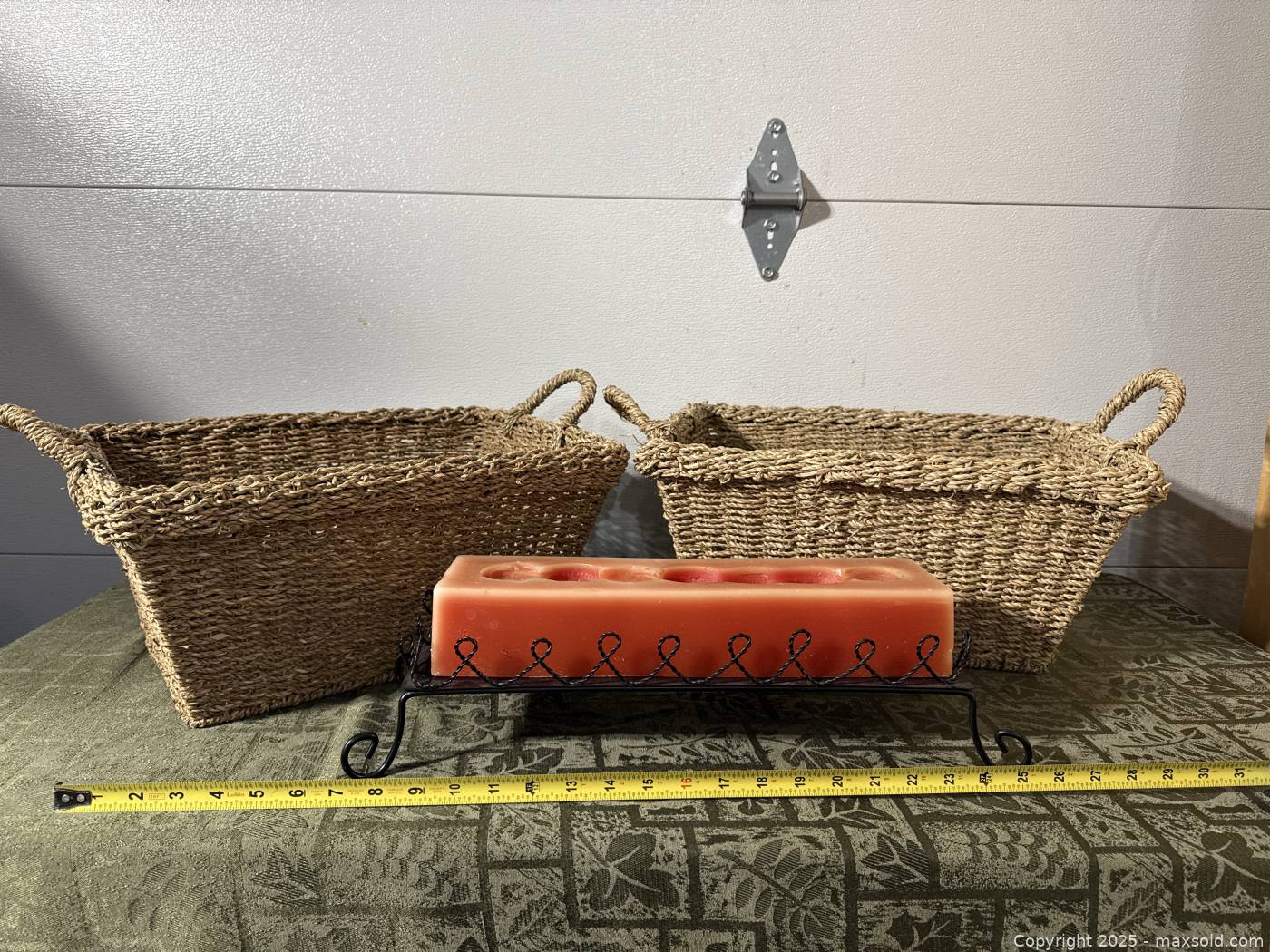 Two woven rectangular baskets, block candle | Maxsold