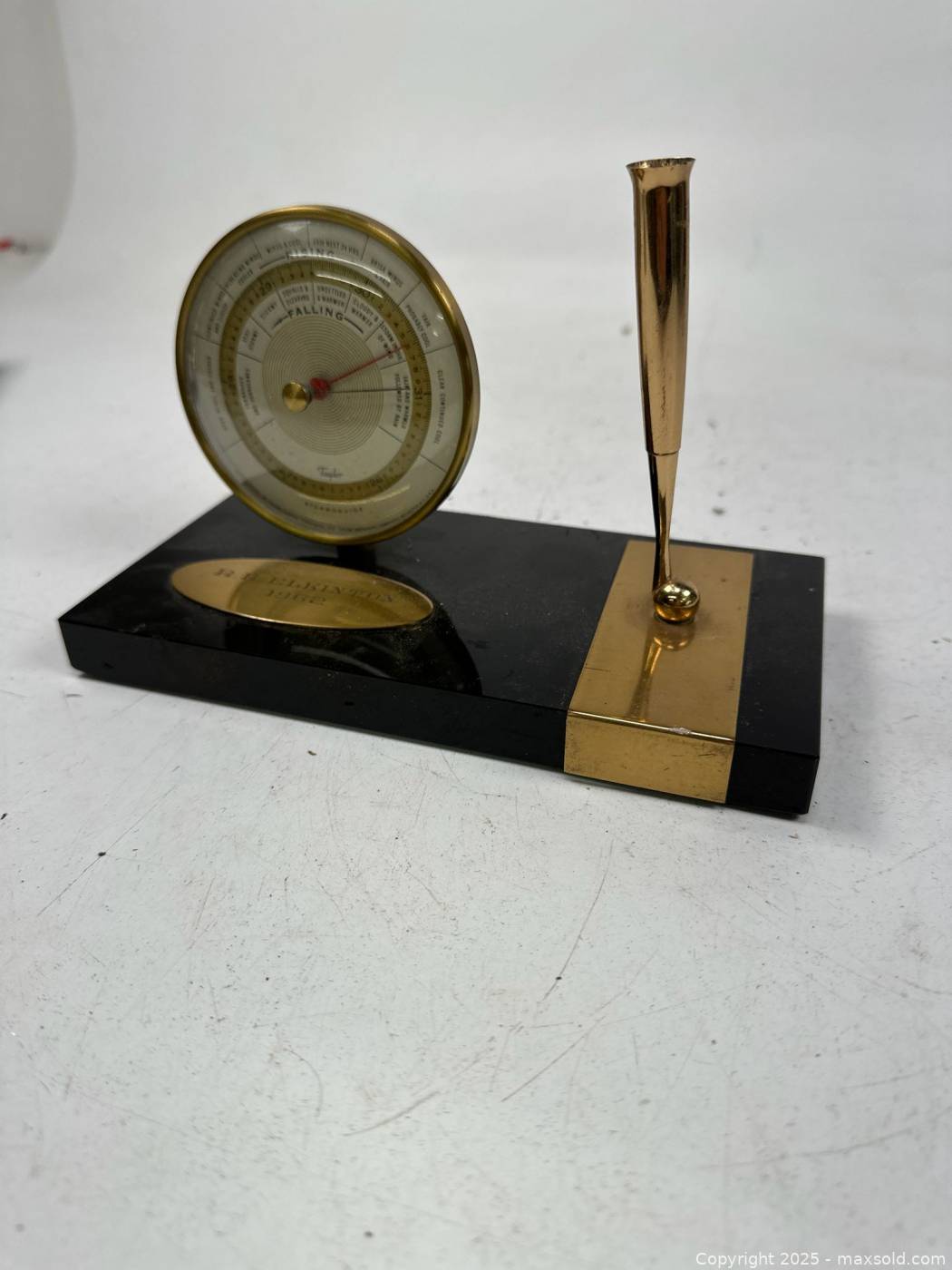 Parker brass barometer and pen desk set | Maxsold