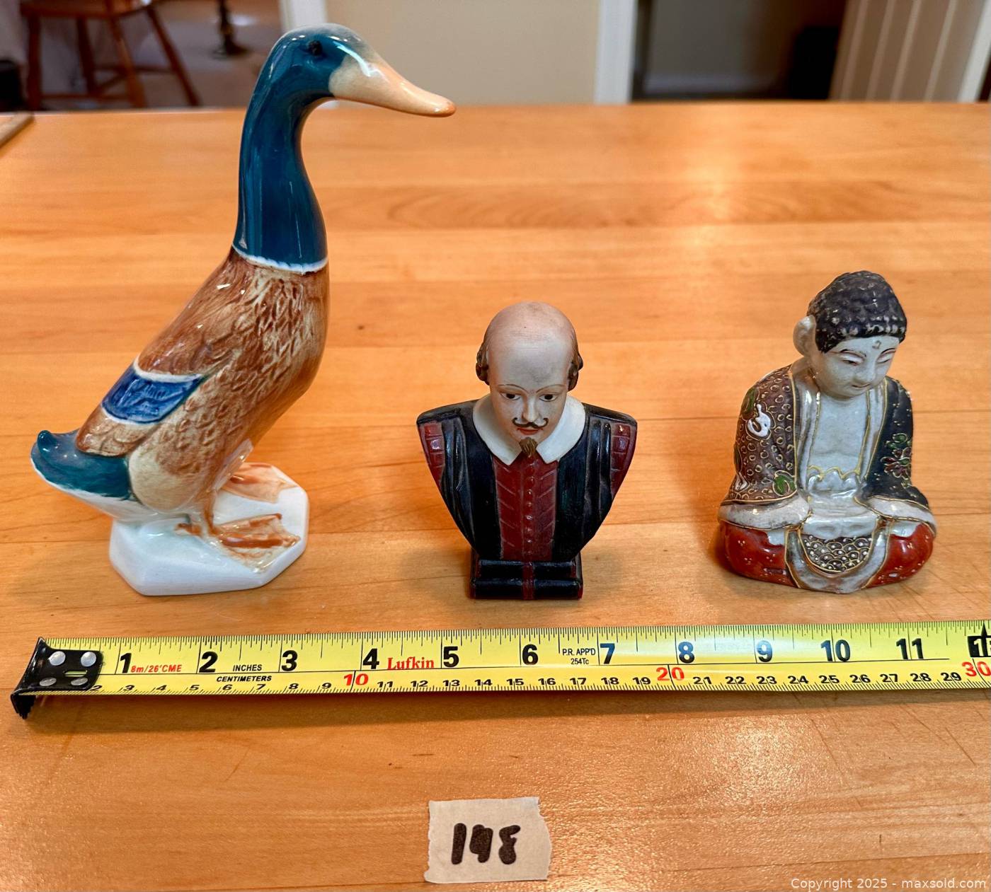 Trio of Vintage Figurines: Beswick Mallard Duck, W.H. Goss Shakespeare Bust, Japanese Seated ...