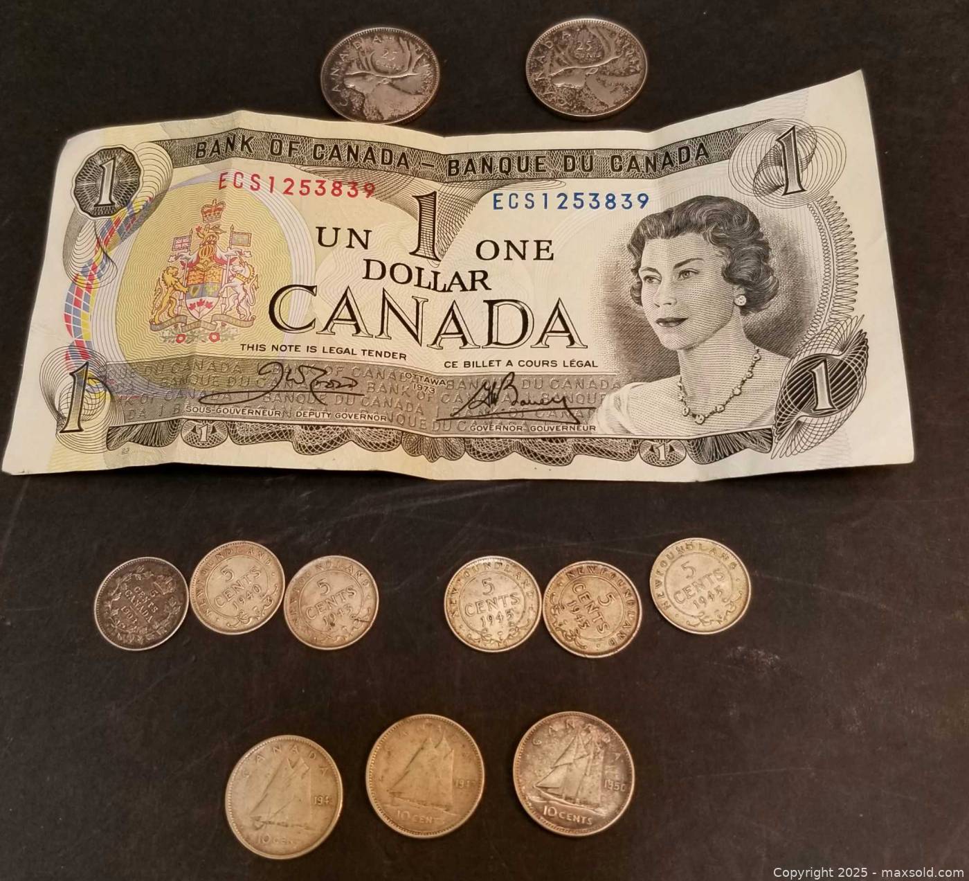 Canadian $1 Banknote, 1947 Quarters, 1903-1950 Dimes & Newfoundland 5 ...
