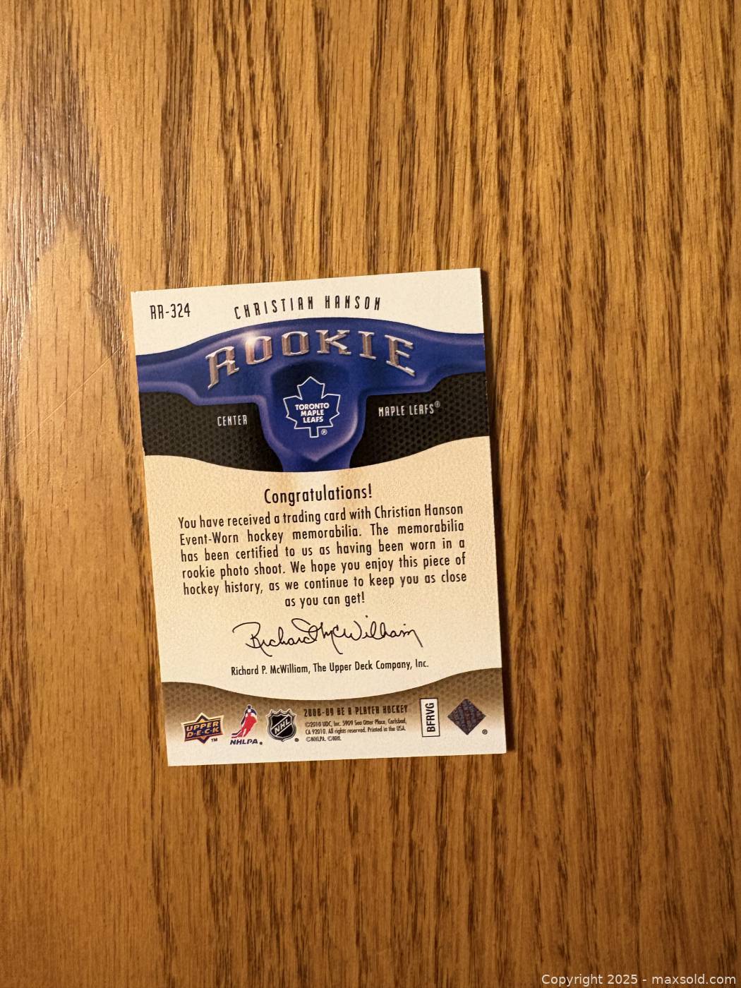 Christian Hanson rookie jersey hockey card | Maxsold
