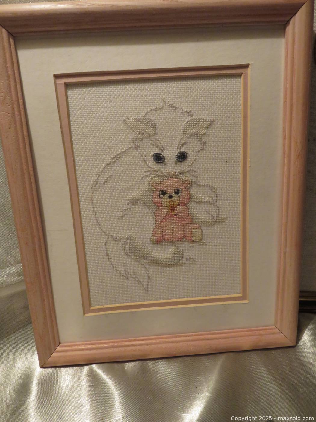 Hand Embroidered Framed Cat Pictures (3) | Maxsold
