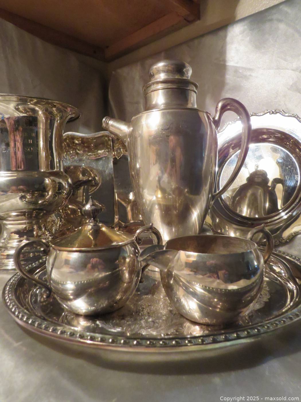 Kent Silversmiths silver plate trophy ice bucket, tray set & tableware ...