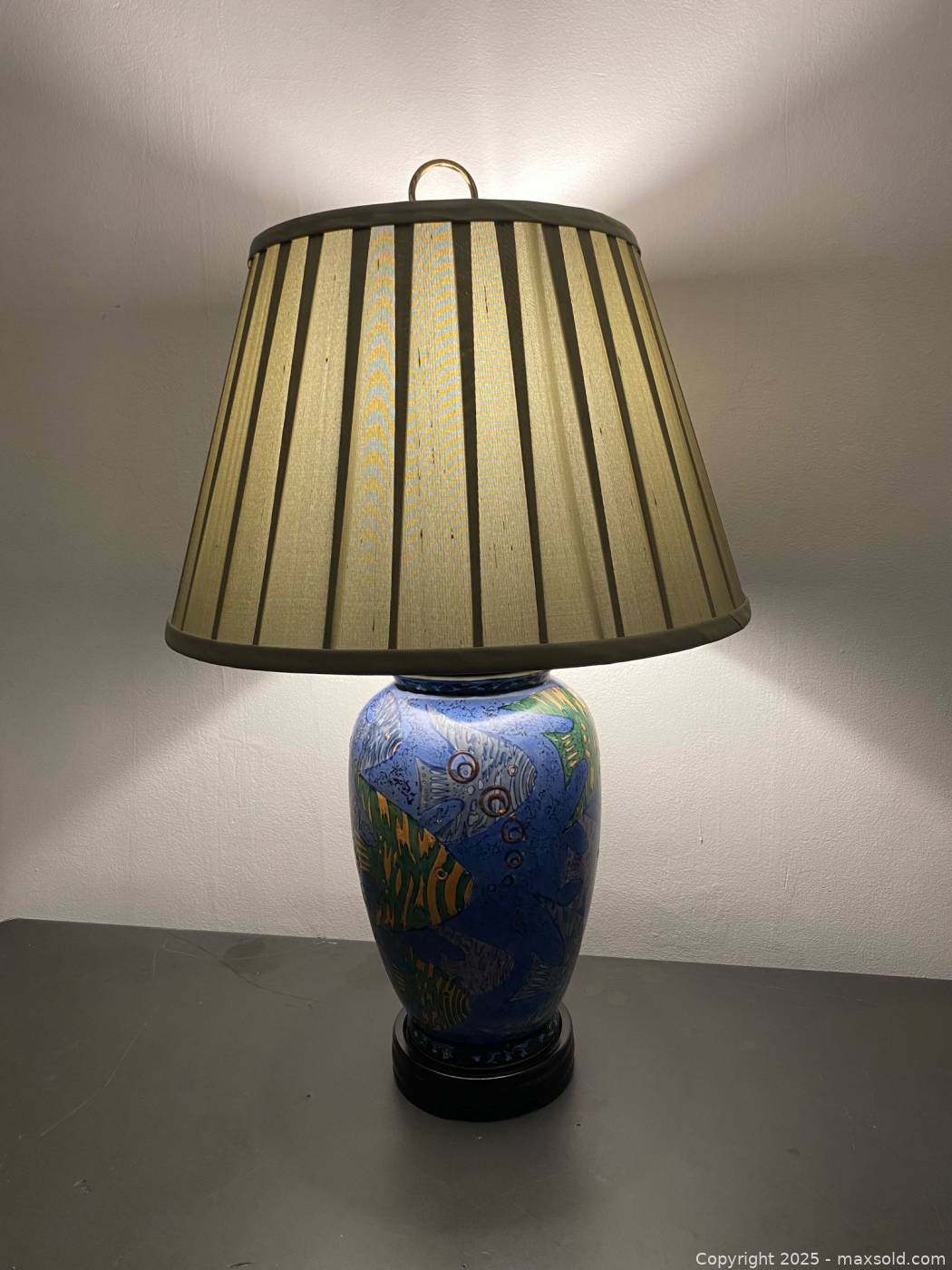 Ceramic fish motif table lamp with silk Restoration Hardware shade ...