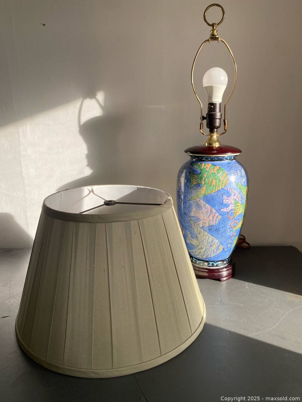 Ceramic fish motif table lamp with silk Restoration Hardware shade ...