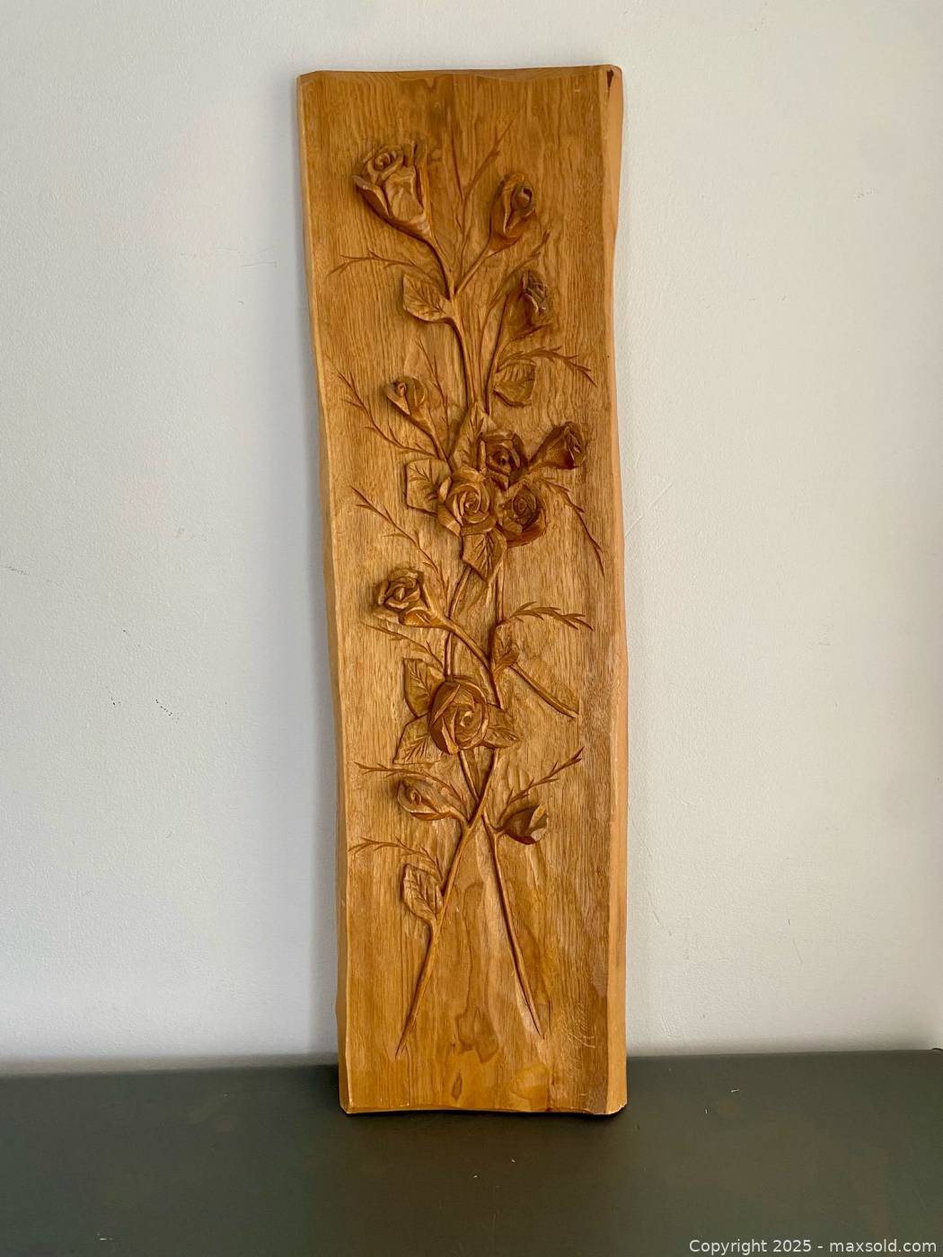 Vintage alto relief wood carving panel signed | Maxsold