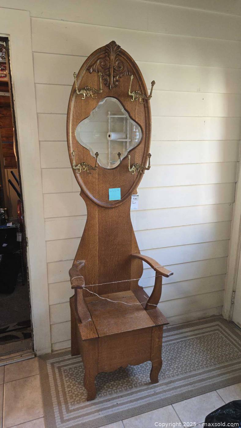Vintage oak hall tree bench seat with mirror and hooks | Maxsold