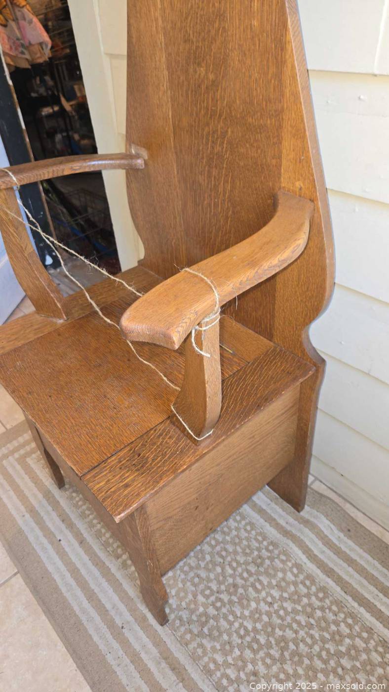 Vintage oak hall tree bench seat with mirror and hooks | Maxsold