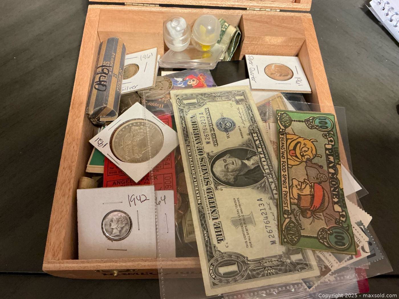 Treasure box with coins, notes, stamps | Maxsold