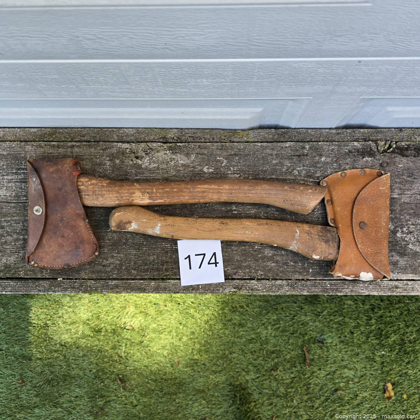 2 vintage wood-handle hatchets with leather sheaths | Maxsold