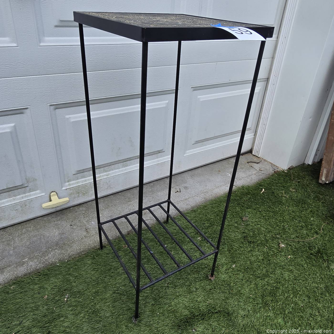 Iron frame tile side table and wood stool | Maxsold