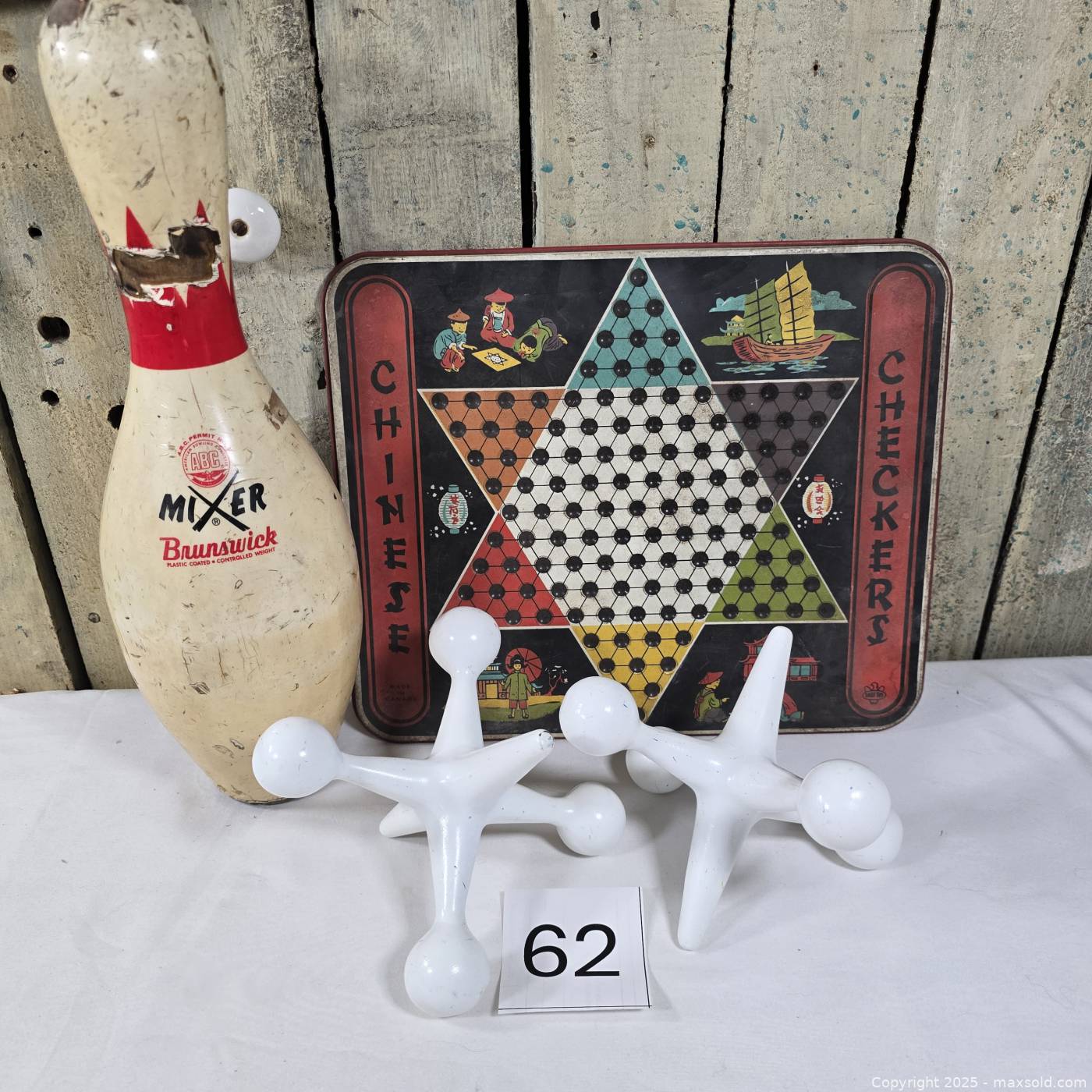 Brunswick Mixer bowling pin, metal Chinese checkers board, pair ...