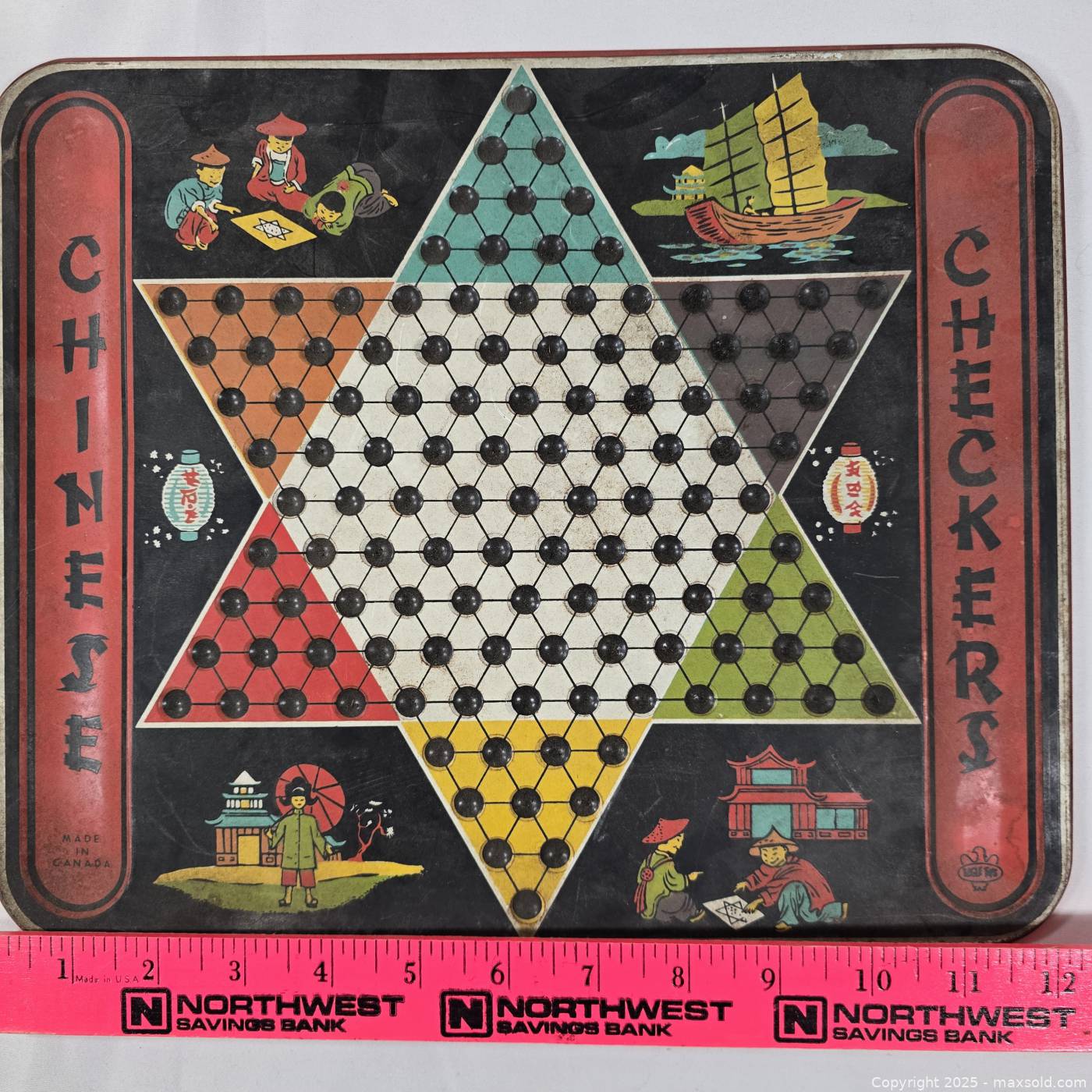 Brunswick Mixer bowling pin, metal Chinese checkers board, pair ...