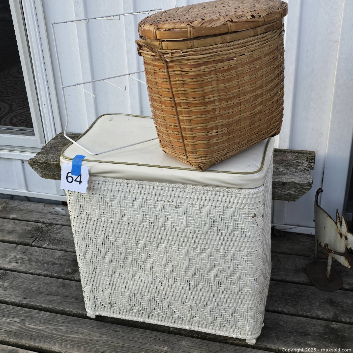 Vintage laundry hamper, wicker basket, wire rack | Maxsold