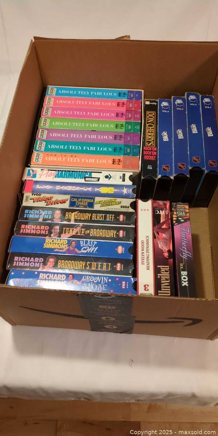 VHS tapes: Absolutely Fabulous 1-3, Labatt Blue 1-4, workouts, hockey ...