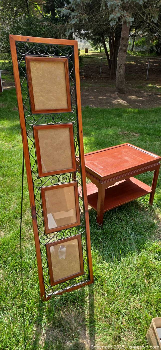Tall floor photo frame, 3 side tables and 2 plant stands | Maxsold